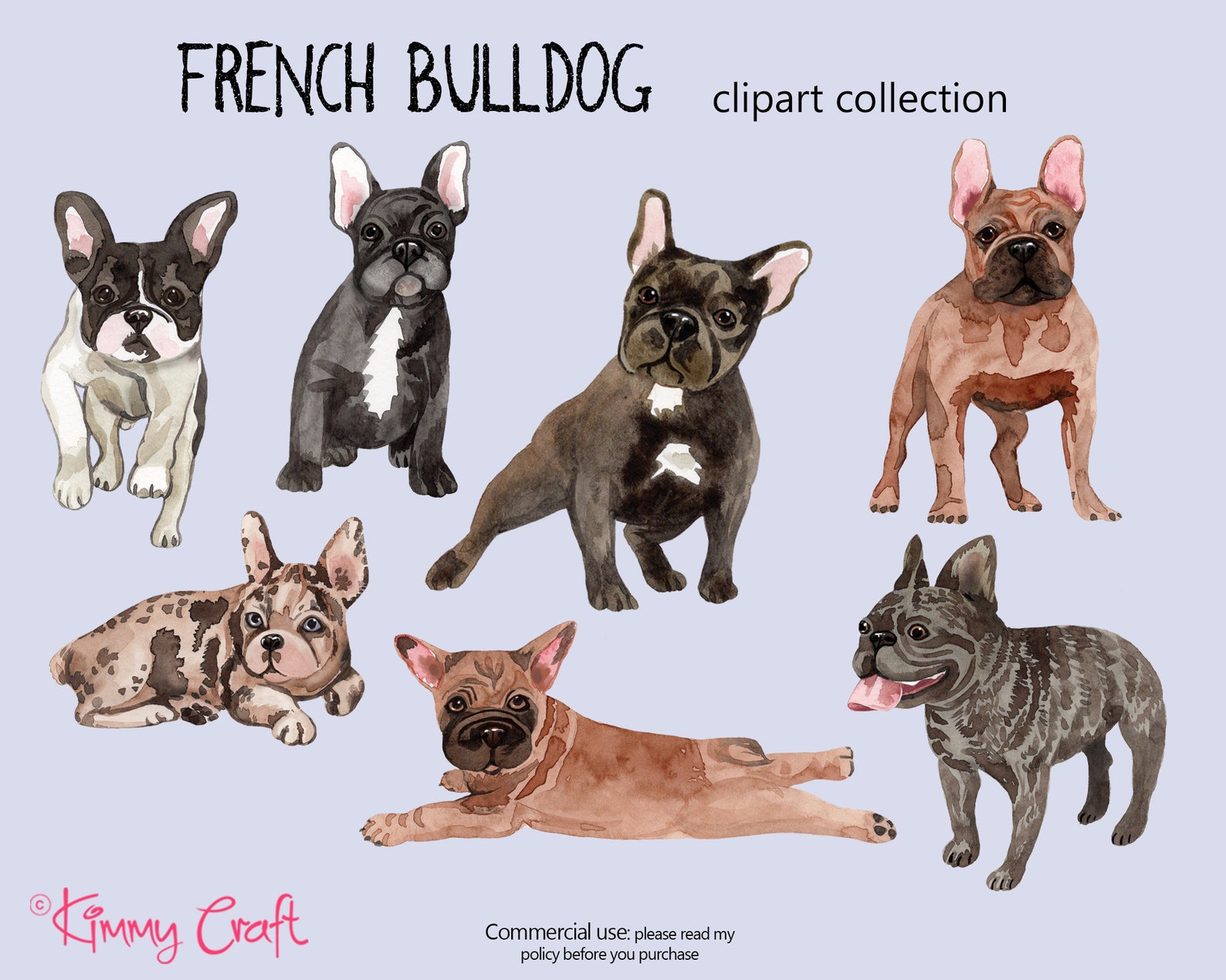 Dogs- French Bulldog Clip Art 7 PNG Files. Watercolor Paintings as Clip ...