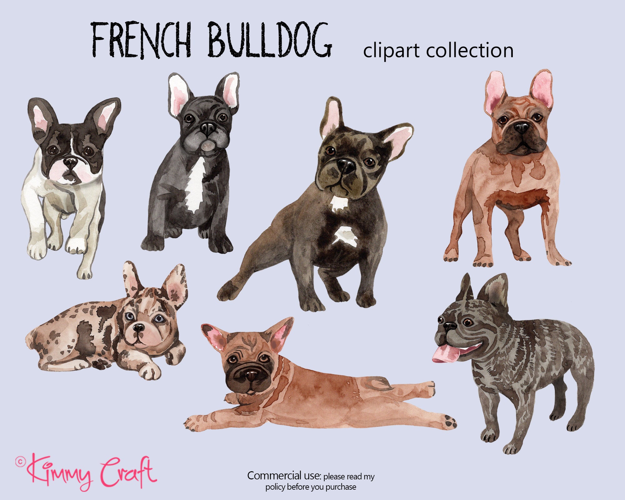 Dogs- French Bulldog Clip Art 7 PNG Files. Watercolor Paintings as Clip ...