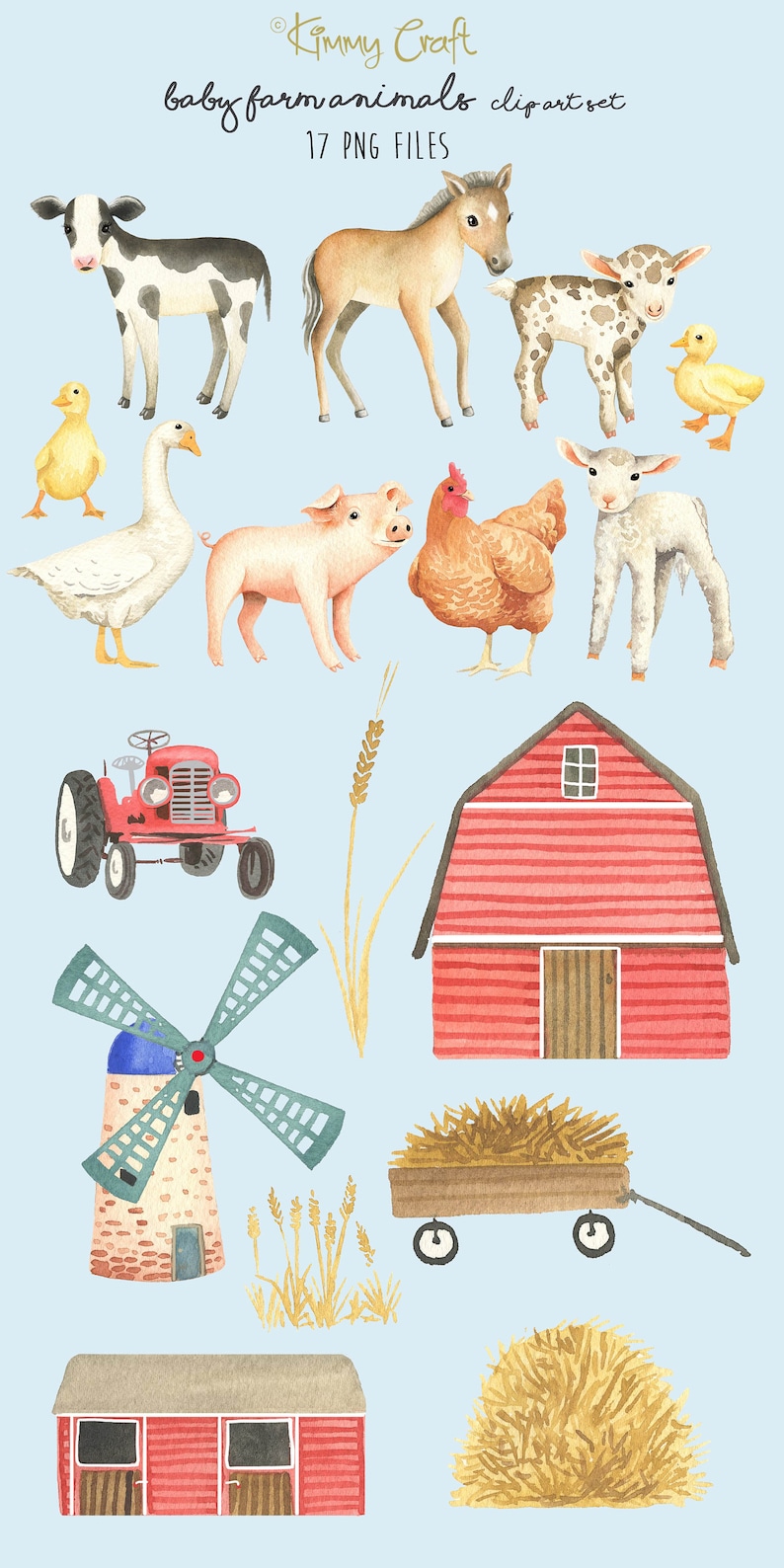 Baby Farm Animals Clip Art. Hand Painted in Watercolor. Cute Little ...