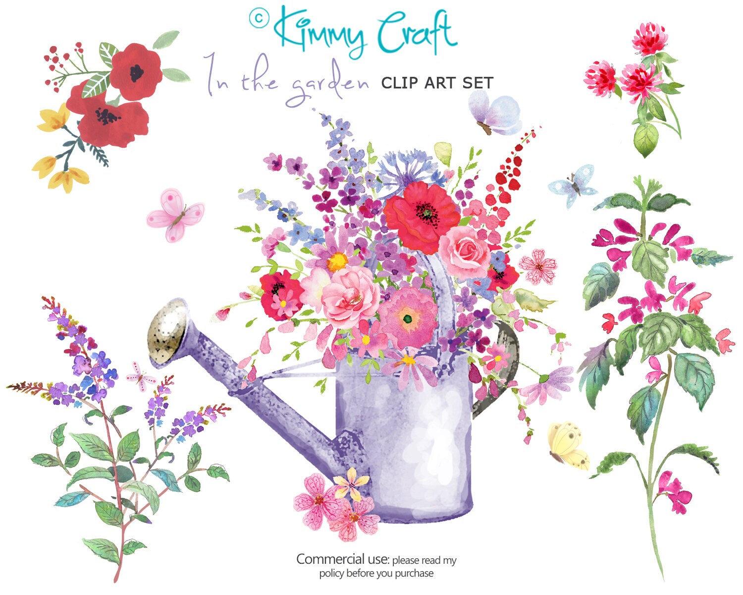 Watercolor Hand Painted Clip Art With Watering Can of Flowers, and Four ...