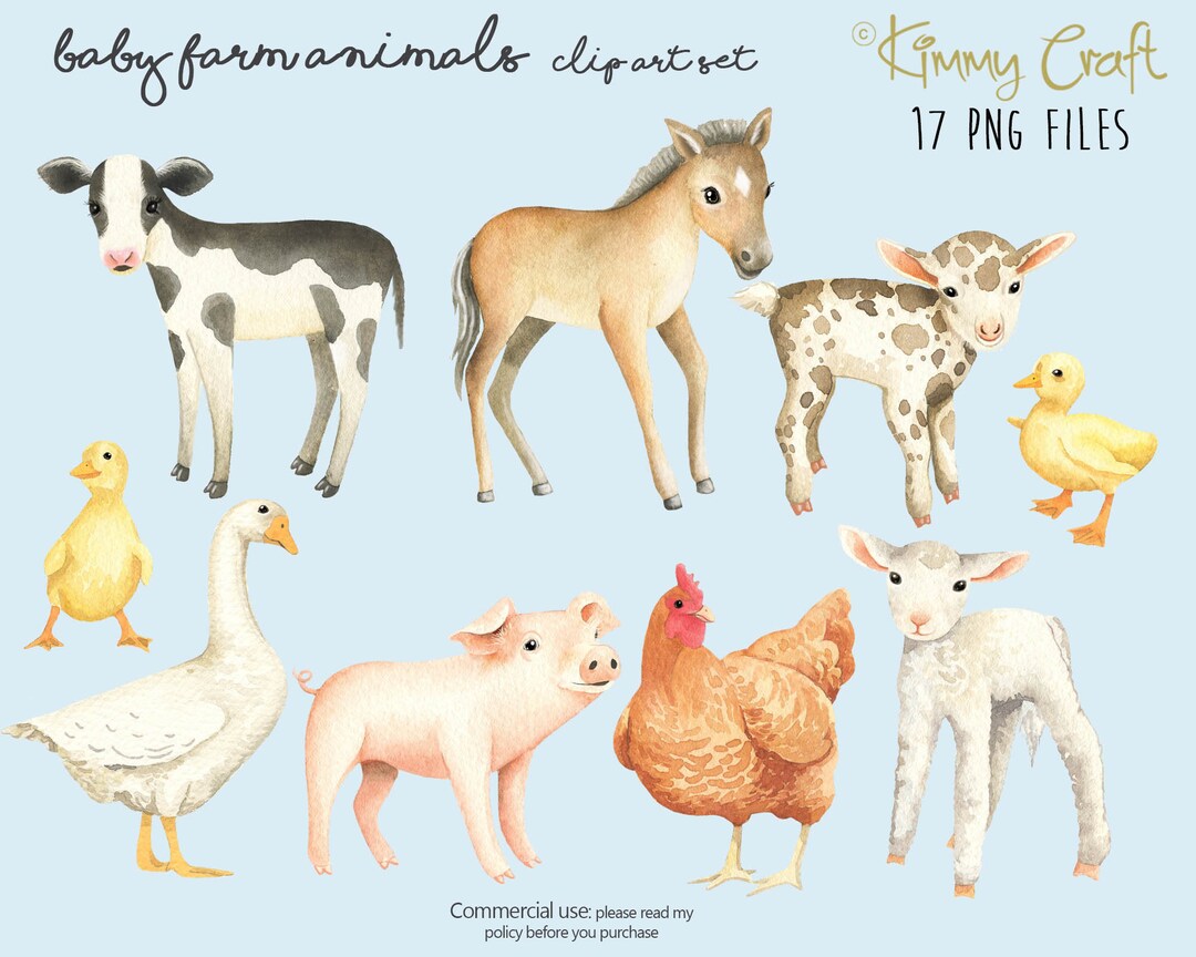 Baby Farm Animals Clip Art. Hand Painted in Watercolor. Cute Little ...