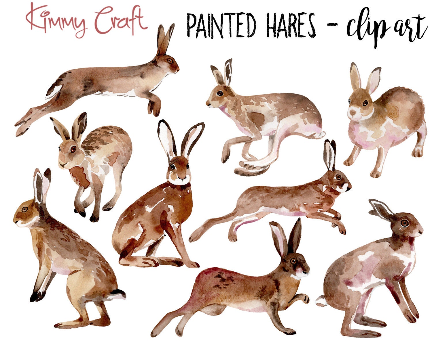 Hasen, gemalt in Aquarell, Clip Art, herunterladbar, digitaler Download ...