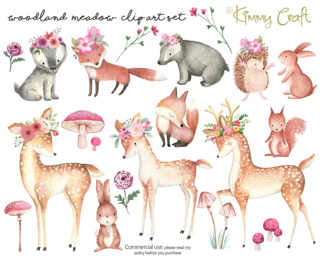 Watercolor Woodland Animals Clip Art: Floral Deer, Fox, Badger (digital ...