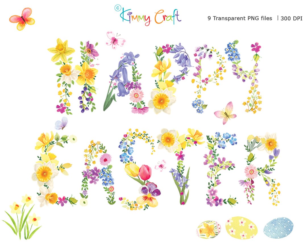 Floral Easter Clipart: Happy Easter Word Art, Eggs, Butterfly (9 PNG ...