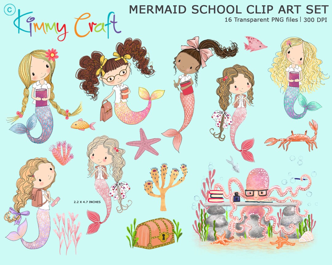 Clipart of Seven Cute Mermaids at School With the Octopus Teacher ...