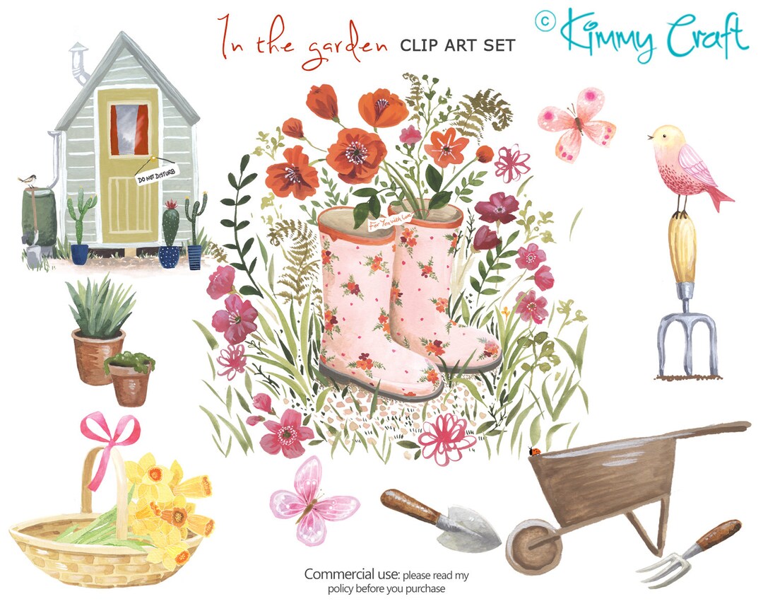 Hand-painted Garden Flowers Clipart: Boots & Tools (PNG Files) - Etsy
