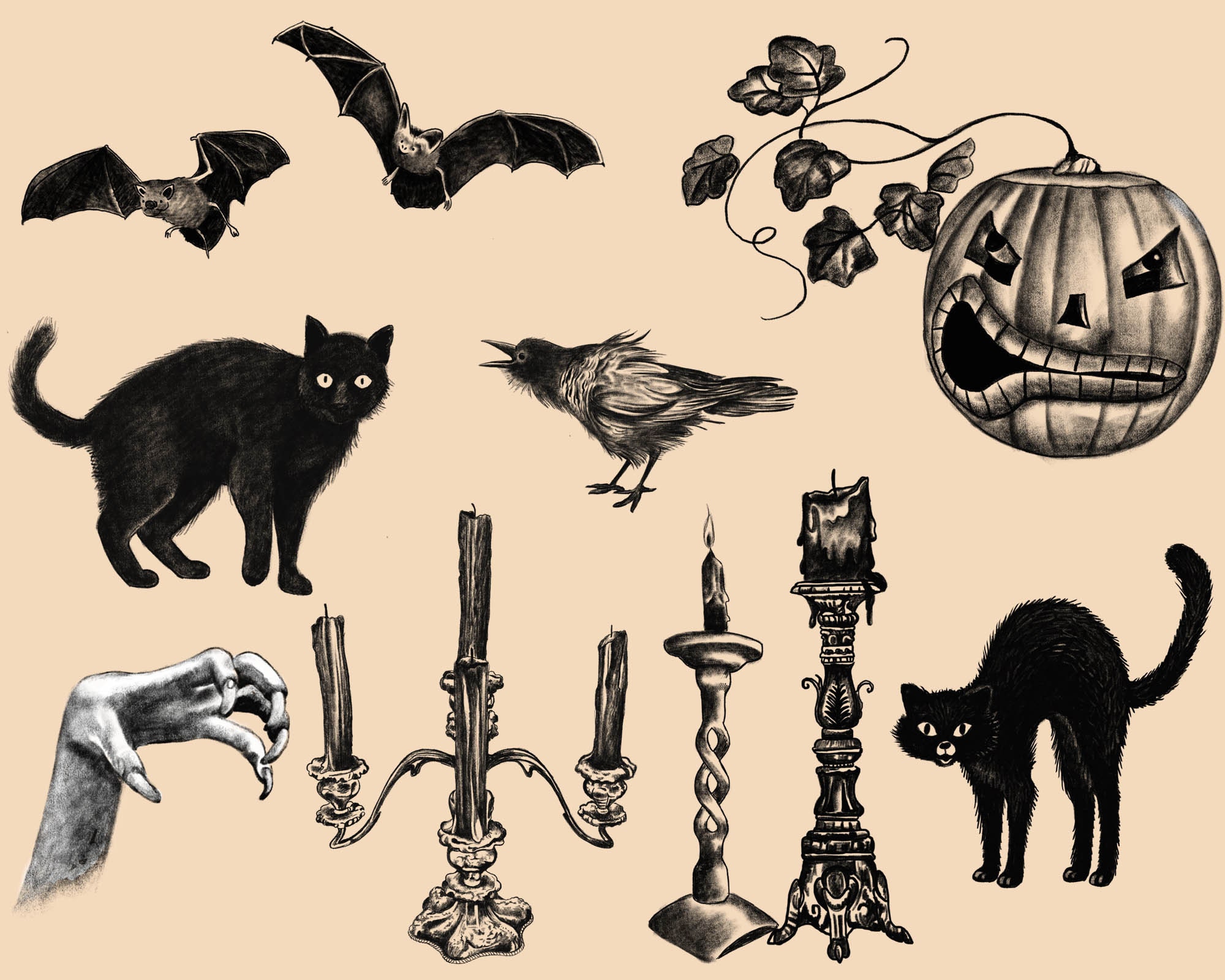 Pen and Ink Hand Drawn Halloween Clipart Collection. 28 Png Files - Etsy