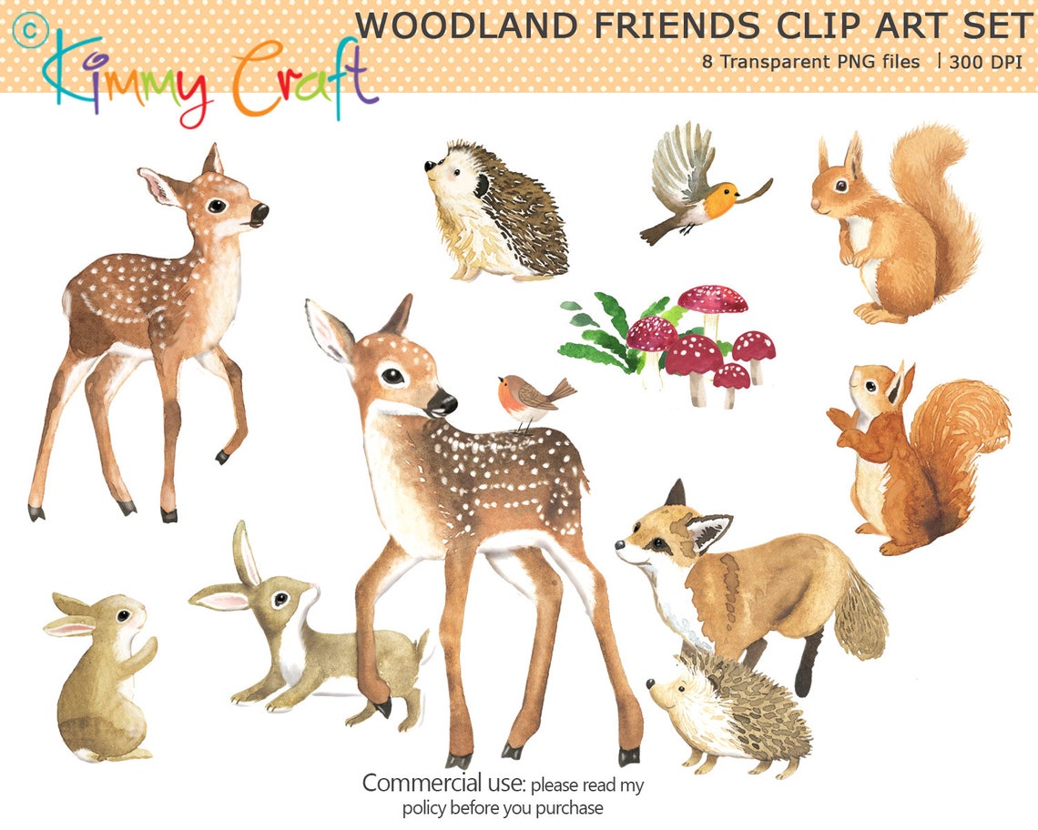 Hand Painted Watercolor Woodland Animals Clip Art Digital Download for ...