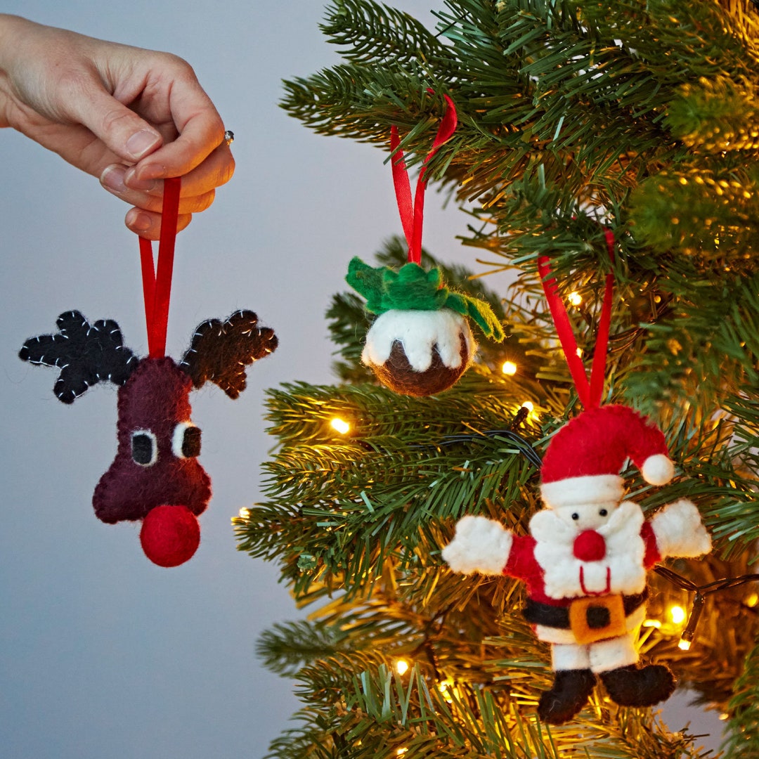 Set of Three Felt Christmas Tree Decorations: Handmade Santa, Rudolph ...
