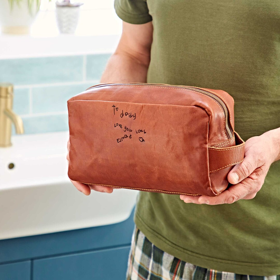 Personalised Handwriting Leather Wash Bag Custom Father's Day Gift ...