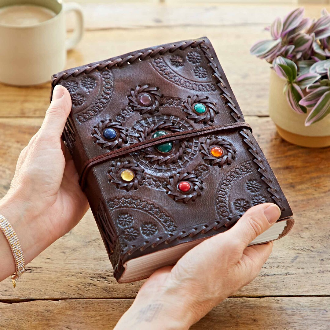 Indra Chakra Circle Embossed & Stitched Leather Journal With Semi ...
