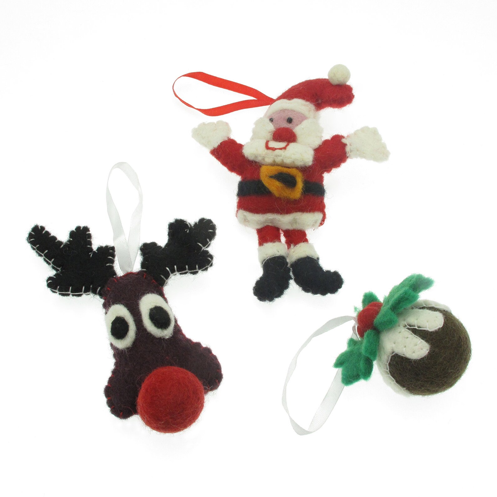 Set of Three Felt Christmas Tree Decorations: Handmade Santa, Rudolph ...