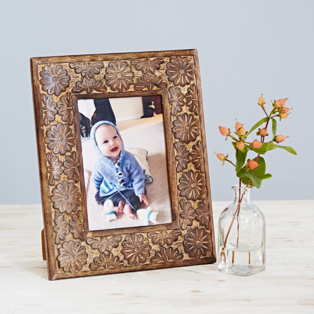 Daisy Carved Mango Wood Photo Frame 5x7 Picture Frame Handmade Wooden ...