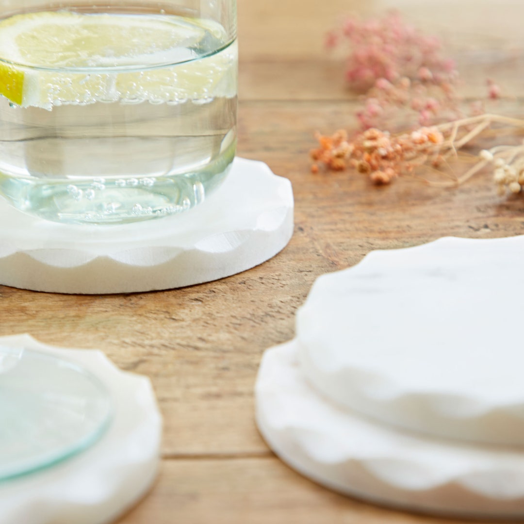 Set of 4 Handmade White Marble Coasters: Ridged Edge Drink Mats - Etsy