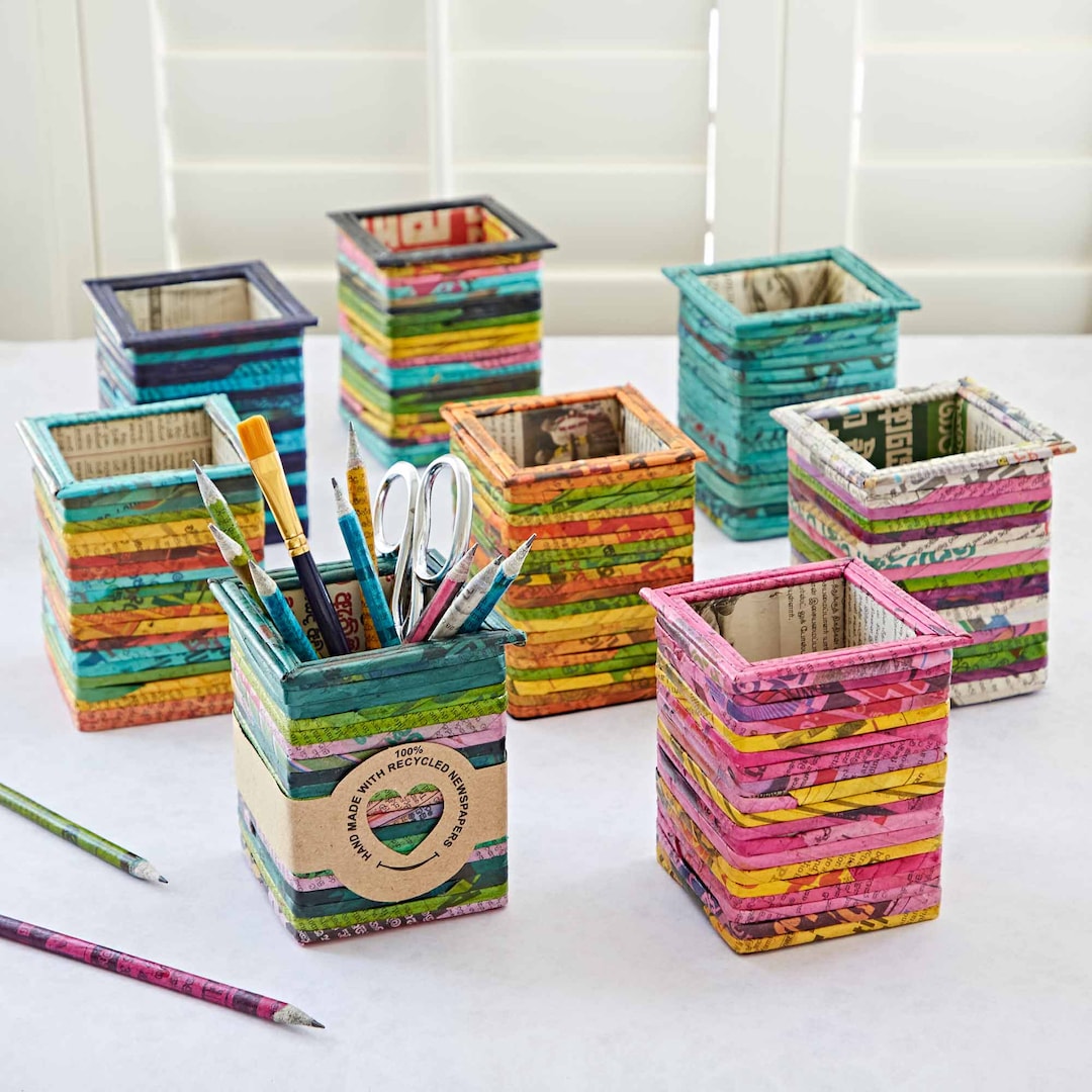 Recycled Newspaper Square Pencil Holder: Colourful Desk Organiser - Etsy