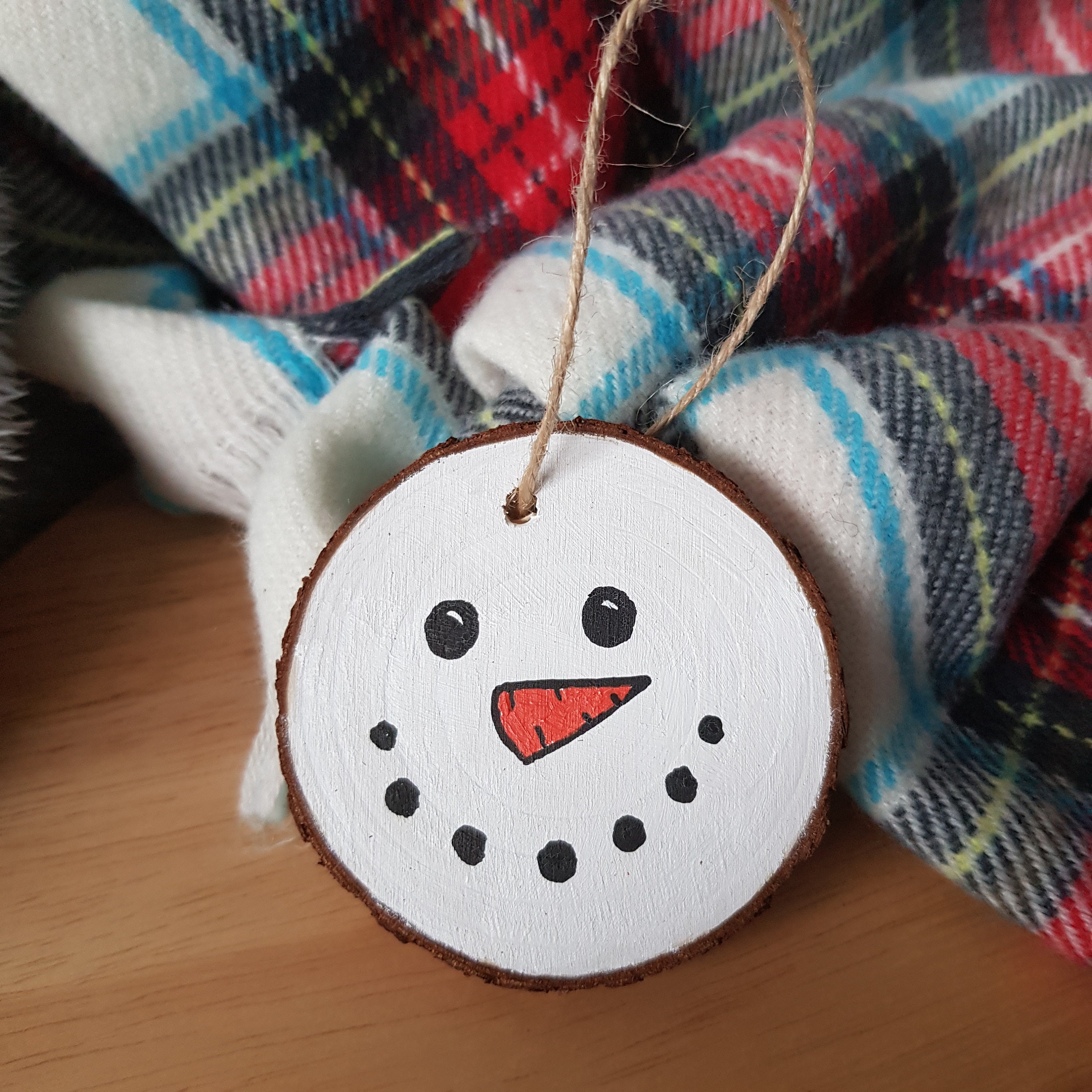 Mini painted snowman face wood slice ornament | Etsy
