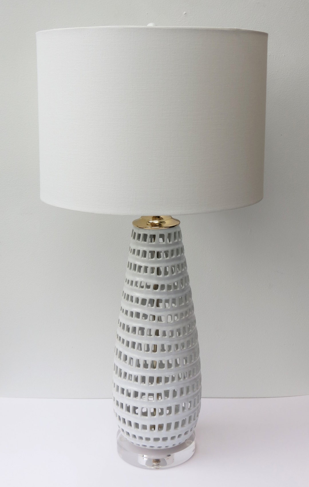 Vintage Modern Ceramic Custom Made Lamp, White, Retro, Brass, Lucite by ...