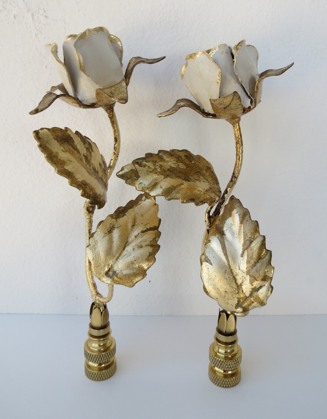 Extra Large Vintage Italian Tole Rose Lamp Finials, Gold Leaf, Patina ...