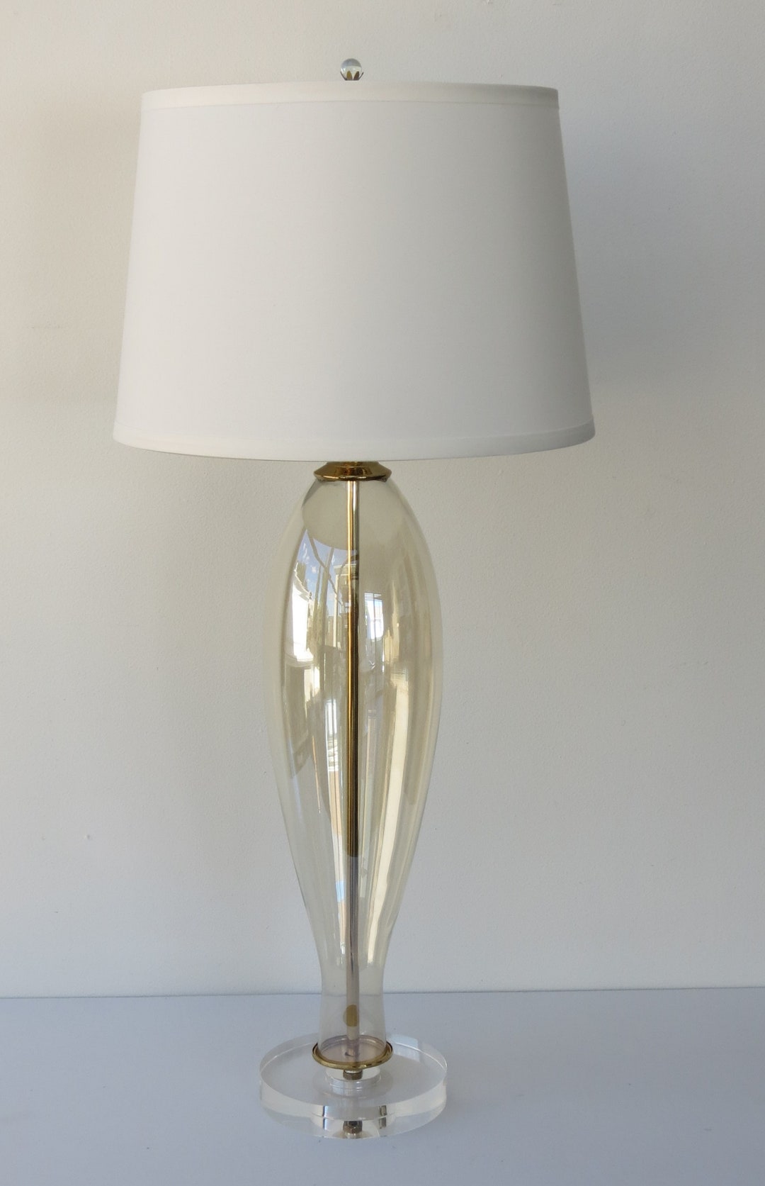 Retro Modern Lustre Gold Glass Lamp on Lucite Base With Brass Hardware ...
