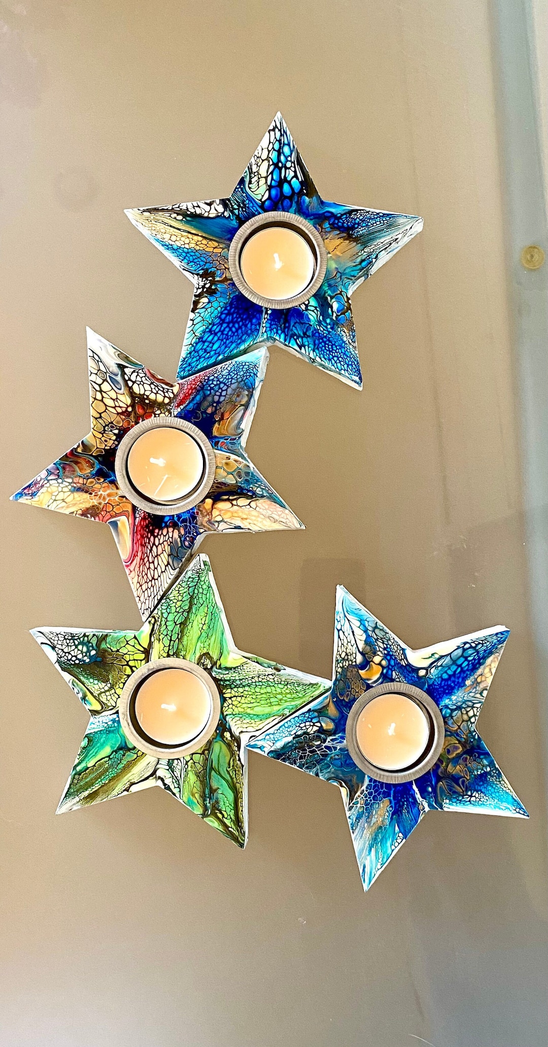 Hand Painted Wood Star Tea Light Candle Holder | Candle Holder ...