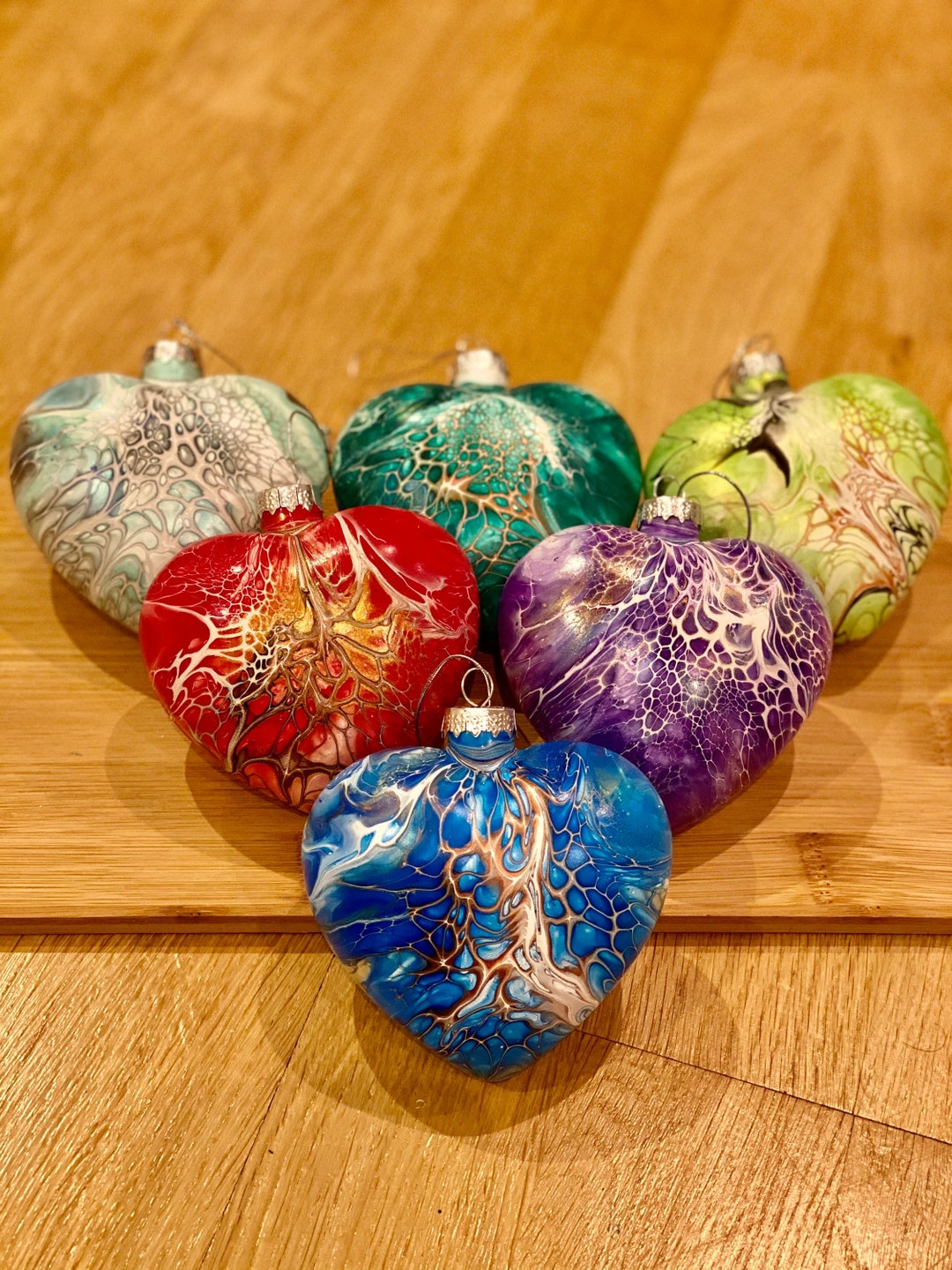 Hand-painted Glass Christmas Baubles Set of 6 | Heart or Round Shapes ...