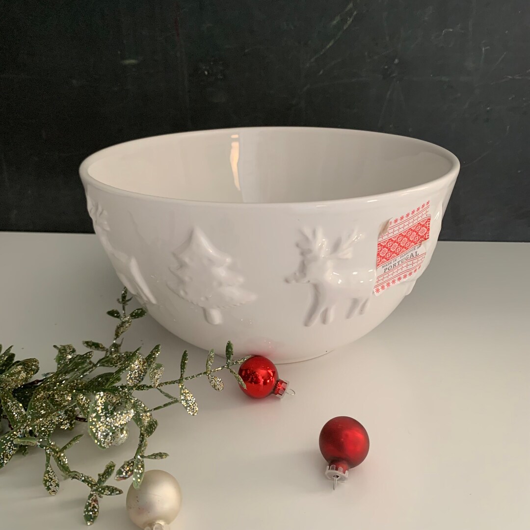 Farval Portugal Pottery White Ceramic Embossed Reindeer & Christmas ...