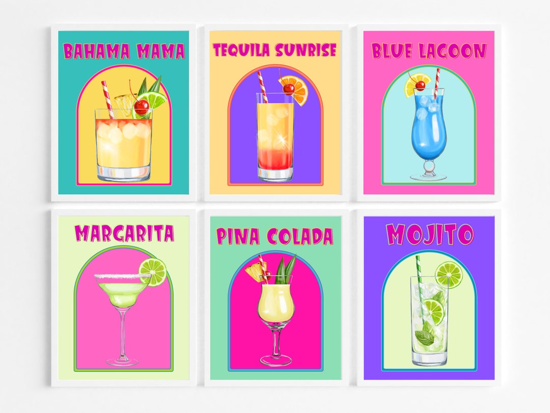Cocktail Print Set of 6, Retro Bar Cart Prints, Cocktail Posters Cute ...