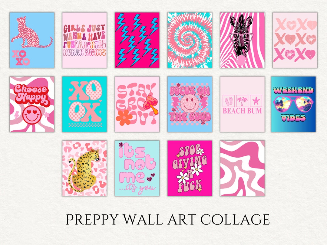 Preppy Wall Art Collage, Preppy Room Decor Pink and Blue, Preppy Wall ...