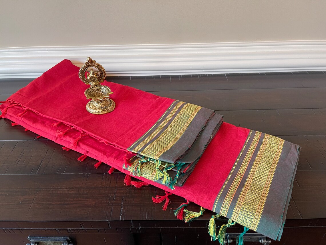 Traditional Handloom Cotton Irkal/ilkal Saree Red With Green Border - Etsy