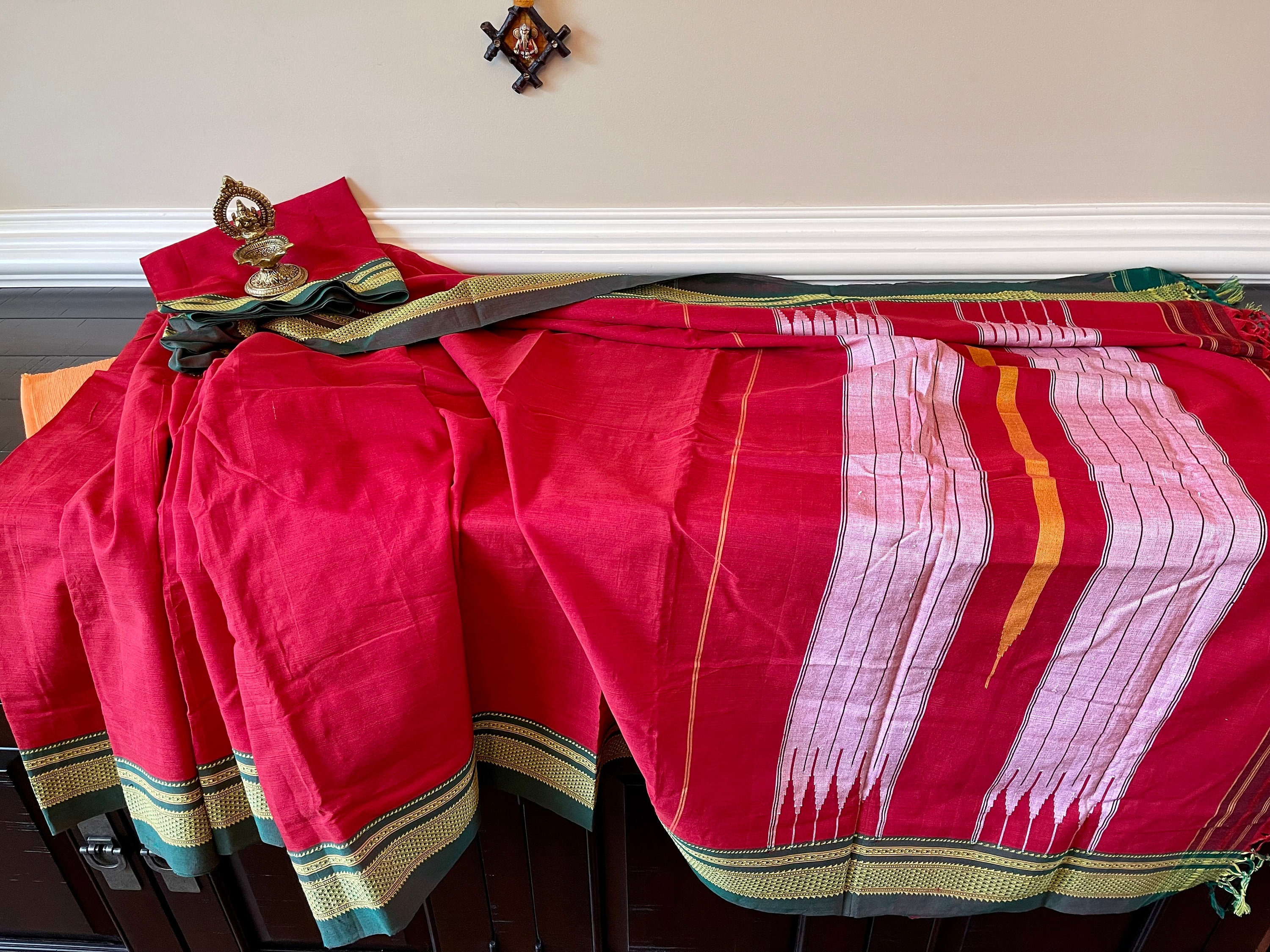 Traditional Handloom Cotton Irkal/ilkal Saree Red With Green Border - Etsy