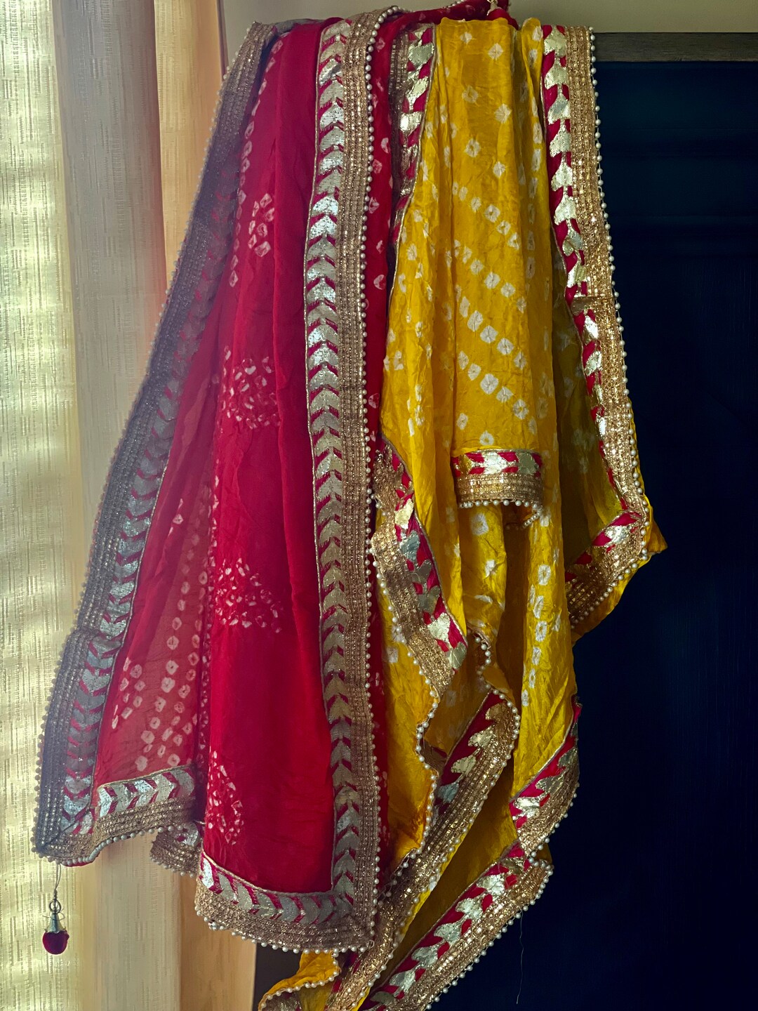 Hand Bandhni/bandhej Tie Dye Dupatta/scarf/stole With Gotapatti, Pearl ...