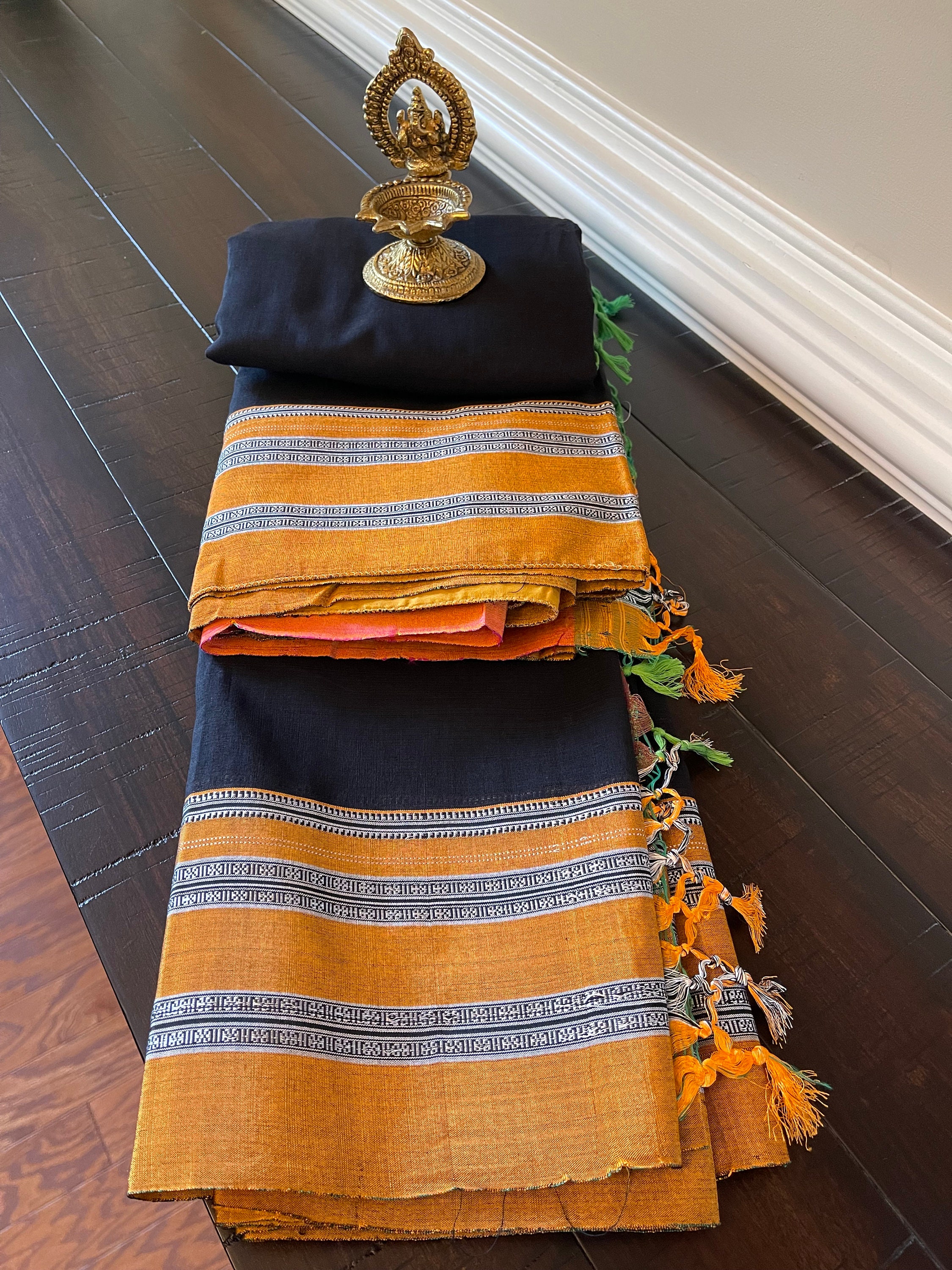 Traditional Cotton Irkal/ilkal Saree in Black/mustard Border - Etsy