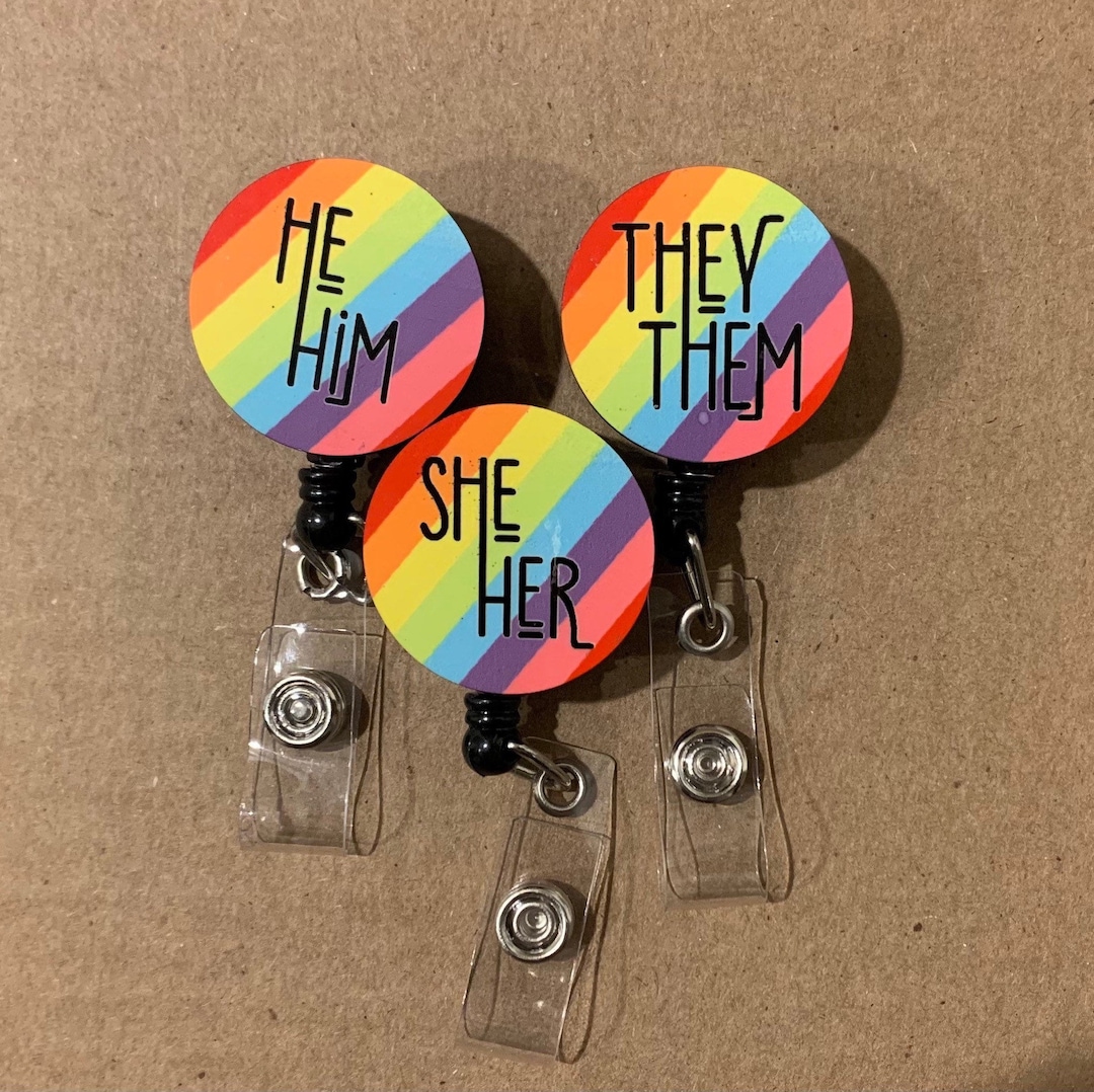 LGBT Acrylic Top Pronoun Badge Reel rainbow - Etsy