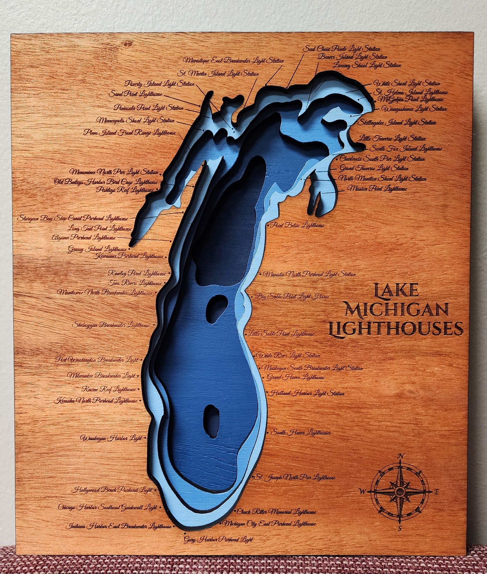 Lake Michigan Depth Map With Lighthouses - Etsy