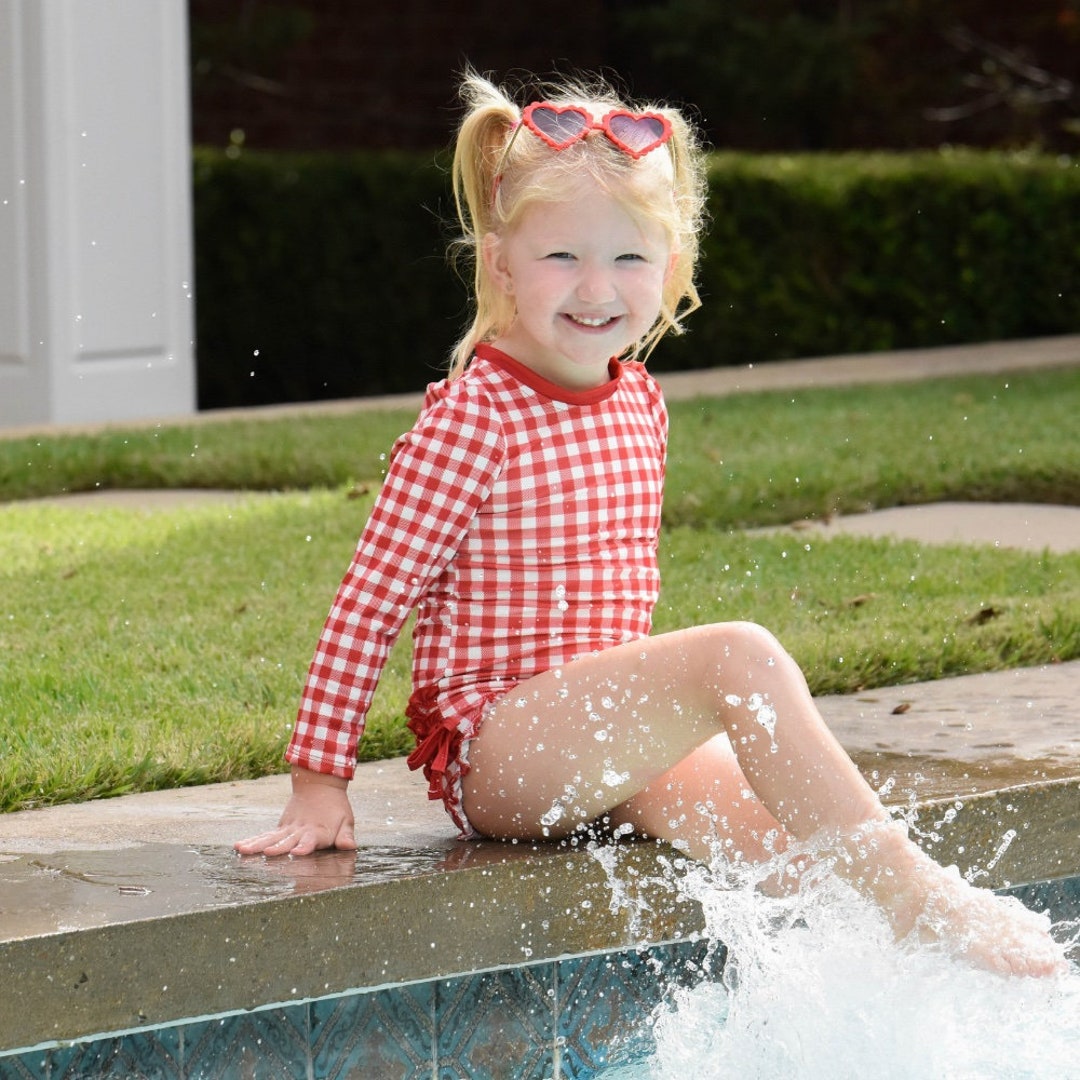Red Gingham Ruffle Bottom Swimsuit Girls Swimwear Rashguard - Etsy