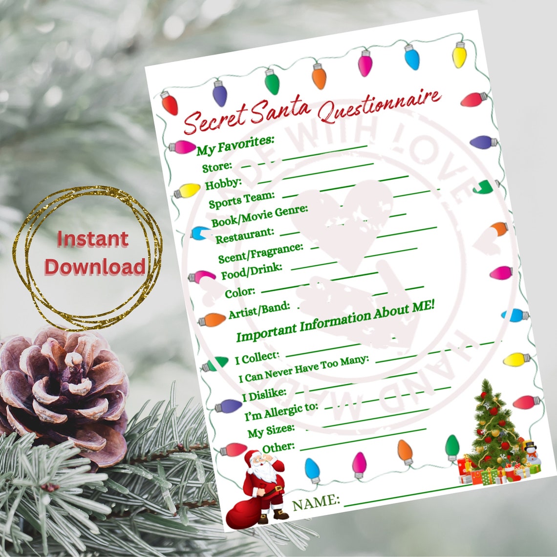 Printable Secret Santa Gift Exchange Questionnaire; Printable Pollyanna ...