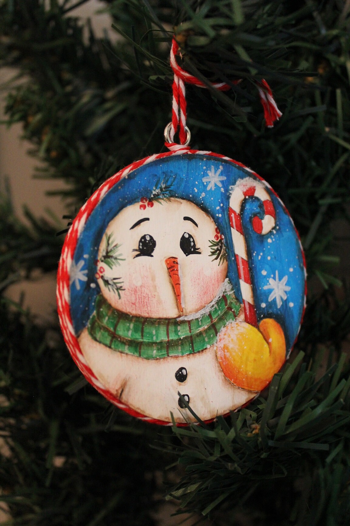 Hand painted wood disc Christmas ornament-Snowman and Penguin | Etsy