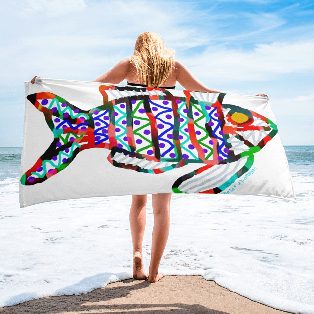 CRAZED FISH TOWEL / Abstract Towel Art / Beautiful Towel Art / Beach ...