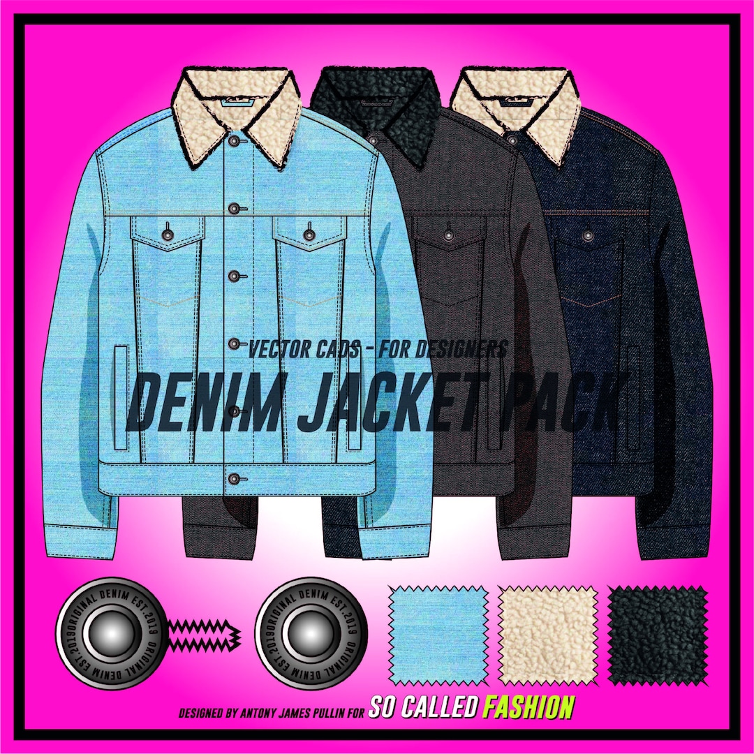 Vector Denim Jacket With Borg Collar, SVG, Fully Coloured, Flat Sketch ...