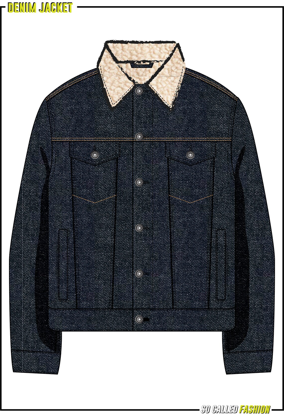 Vector Denim Jacket With Borg Collar, SVG, Fully Coloured, Flat Sketch ...