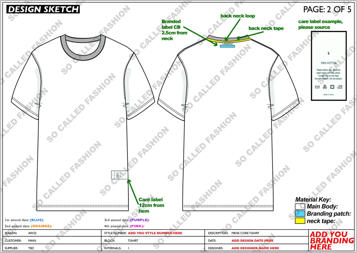 Complete T-shirt Tech Pack Illustrator Template for Apparel Industry ...