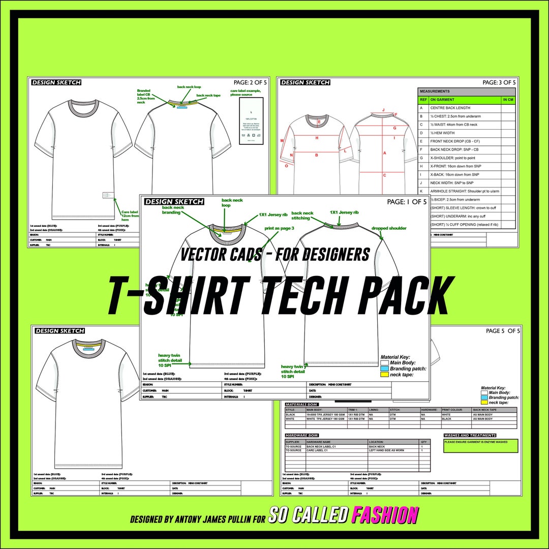 Complete T-shirt Tech Pack Illustrator Template for Apparel Industry ...
