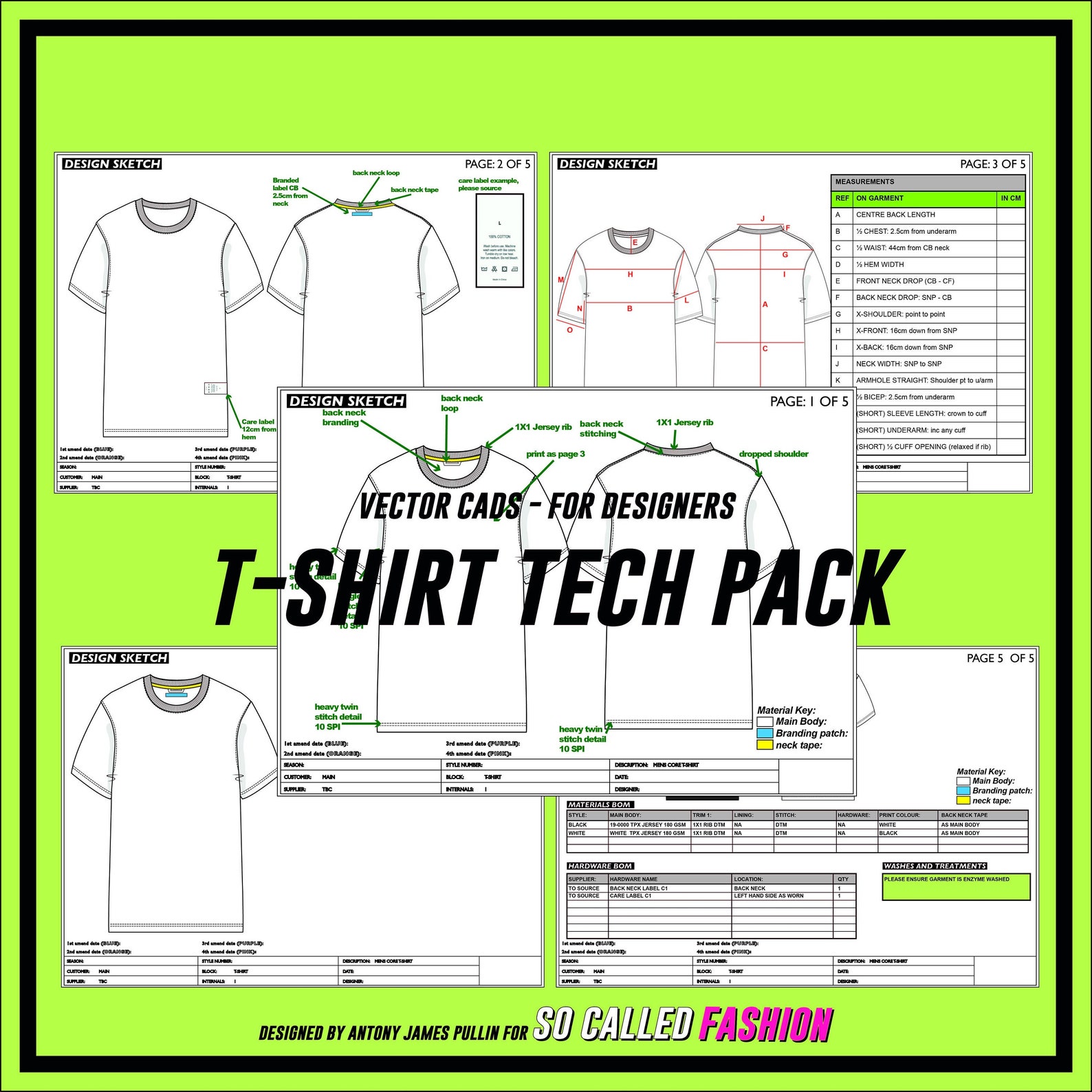 Complete T-shirt Tech Pack Illustrator Template for Apparel Industry ...