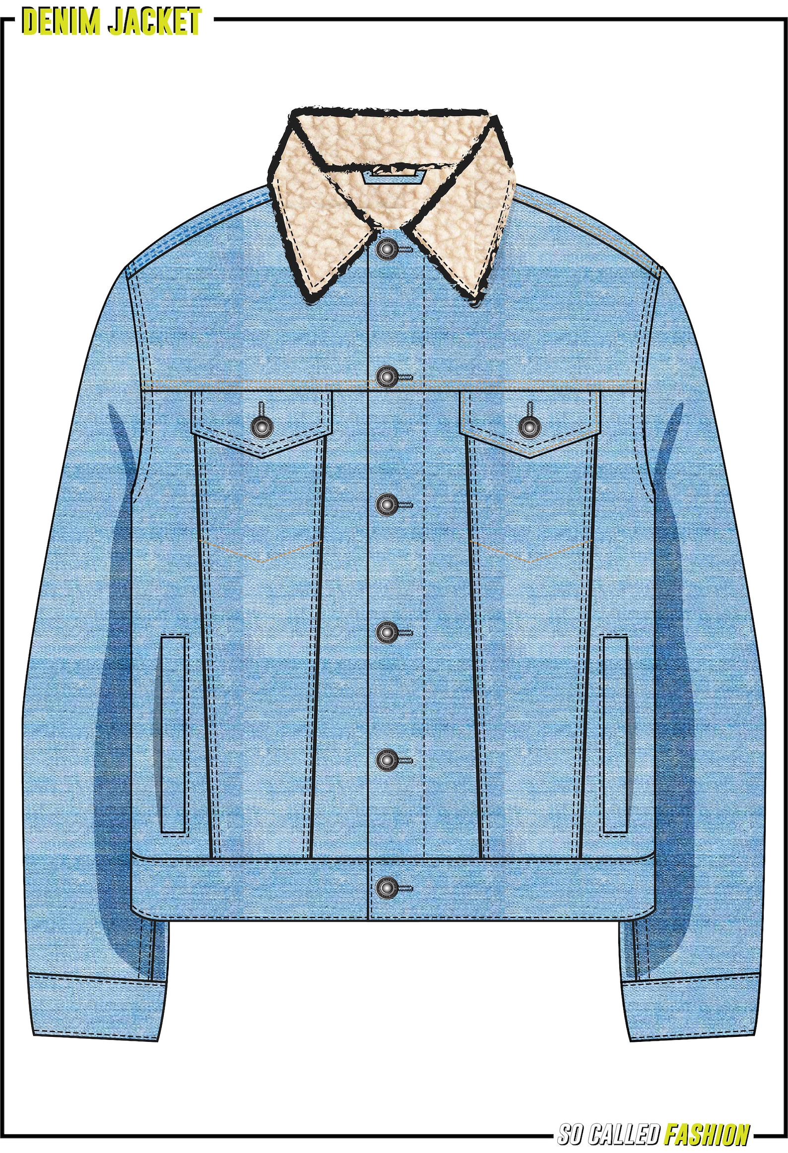 Vector Denim Jacket With Borg Collar, SVG, Fully Coloured, Flat Sketch ...