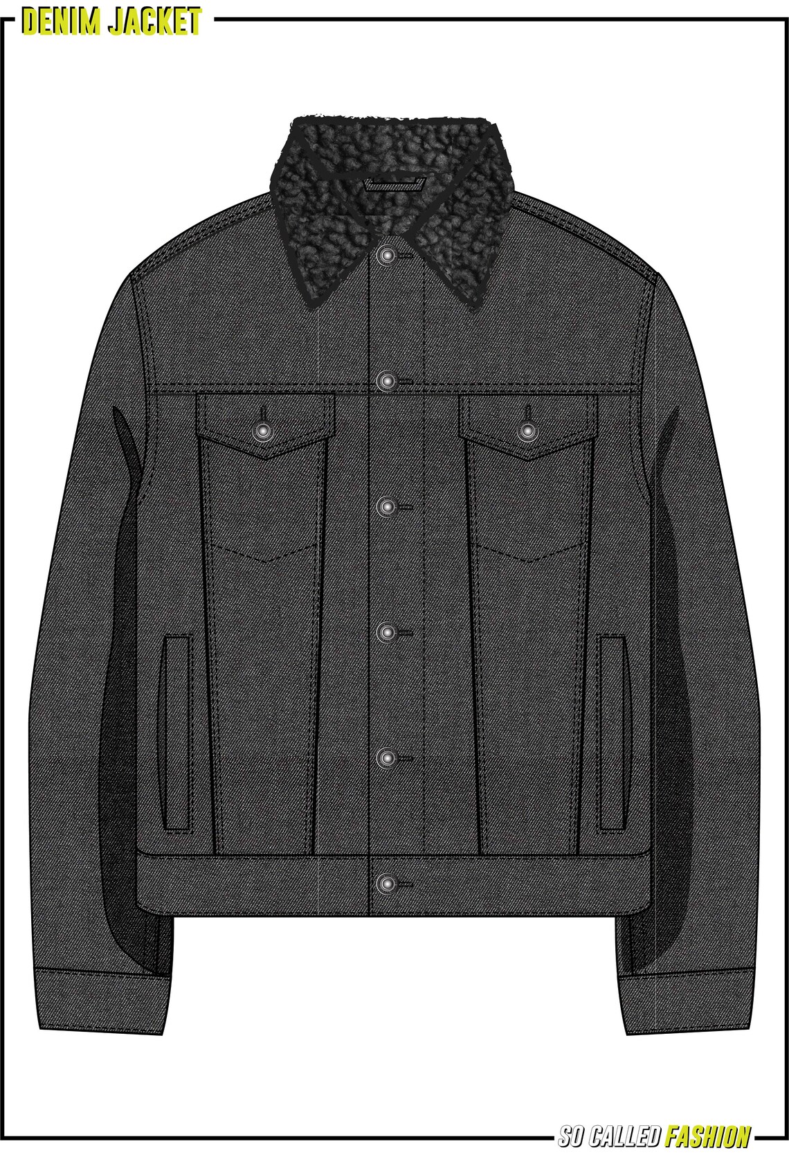 Vector Denim Jacket With Borg Collar, SVG, Fully Coloured, Flat Sketch ...