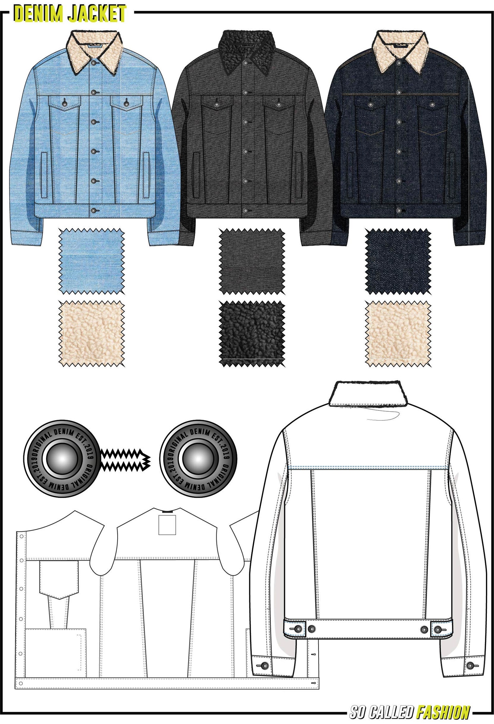 Vector Denim Jacket With Borg Collar, SVG, Fully Coloured, Flat Sketch ...