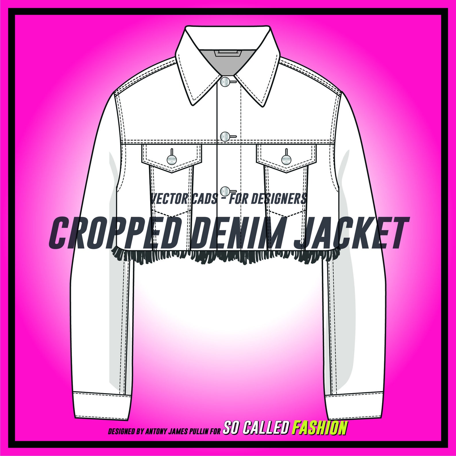 Vector Cropped Denim Jacket, Flat Sketch, for Adobe Illustrator Western ...
