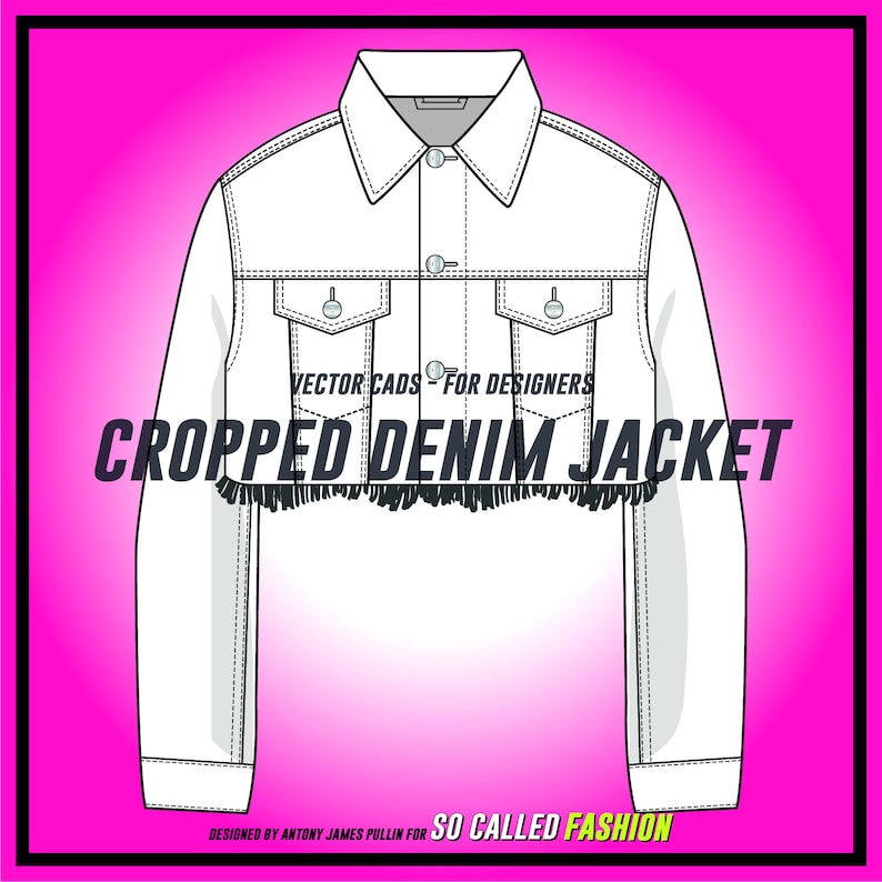 Vector Cropped Denim Jacket, Flat Sketch, for Adobe Illustrator Western ...