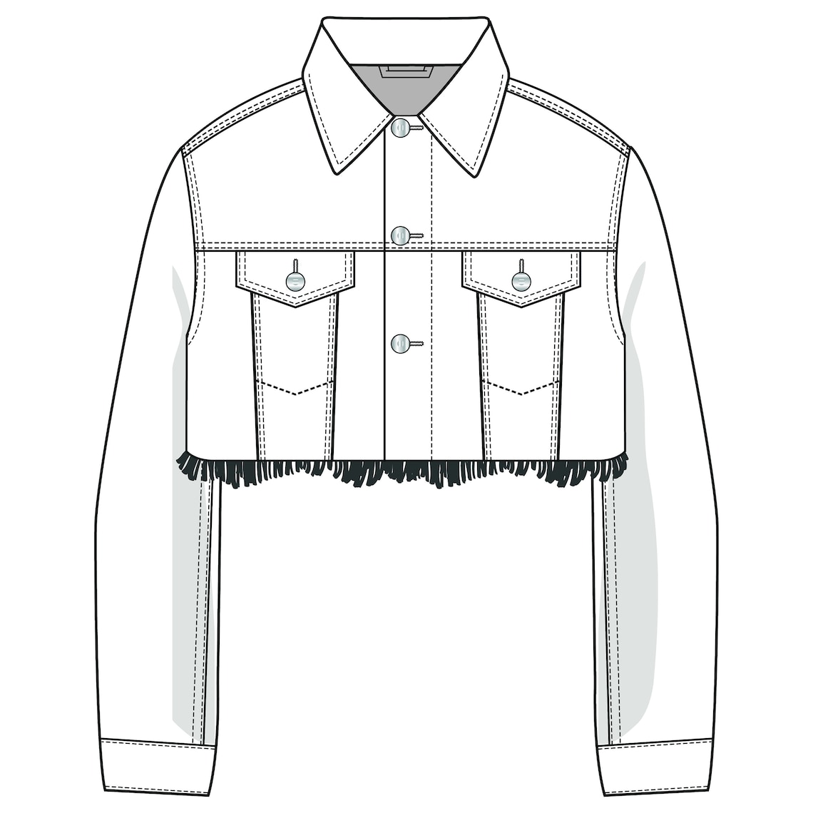 Vector Cropped Denim Jacket, Flat Sketch, for Adobe Illustrator Western ...