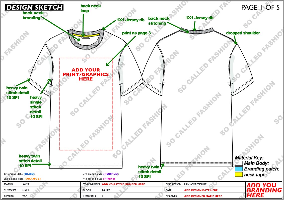 Complete T-shirt Tech Pack Illustrator Template for Apparel Industry ...